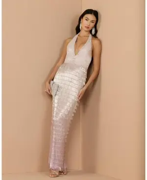 Mac Duggal Halter Neck Embellished Fringe Column Gown