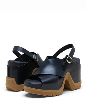 Sorel Platform Sandals With Leather Upper And Adjustable Buckle - Black/gum