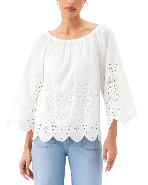 Karen Kane Cutout Embroidery Flared Sleeve Peasant Blouse - Off White