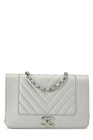 Chanel Quilted Caviar Mademoiselle Wallet On Chain - Silver