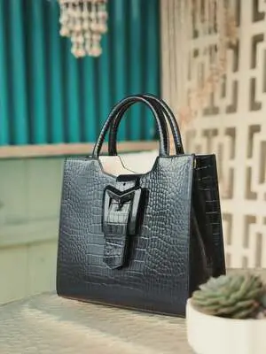 Mac Duggal Croc Embossed Leather Tote - Black