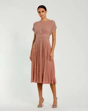 Mac Duggal Embellished Short Sleeve Midi Dress
