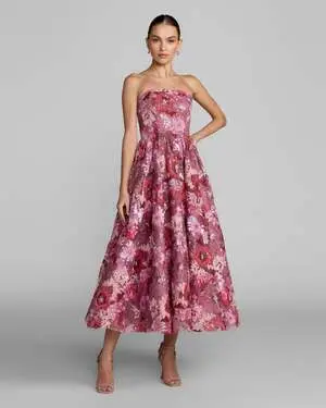 Mac Duggal Floral Sequin Strapless Midi Dress - Pink Multi