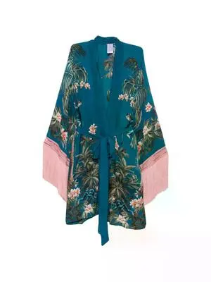 MAZZEI Floral-print Oversized Coat With Fringe Trim - Blue