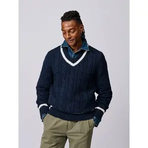 Aubin Denton Cotton V-neck Knit Cricket Jumper - Navy