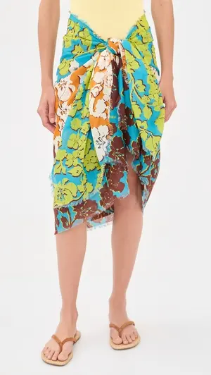 ALEMAIS Splice Cotton Pareo With Floral Print And Fringe Trim