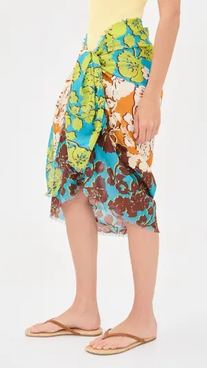 ALEMAIS Splice Cotton Pareo With Floral Print And Fringe Trim