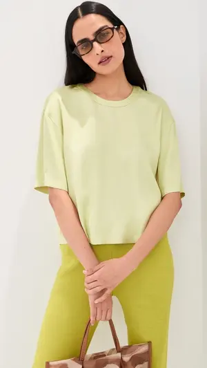 LE BOP Chandler Satin Tee With Crew Neck And Keyhole Back - Honeydew