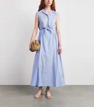 Sandro Embroidered Linen-blend Maxi Shirt Dress - Blue