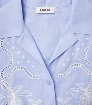 Sandro Embroidered Linen-blend Maxi Shirt Dress - Blue