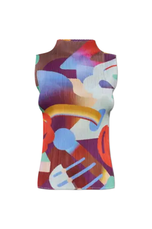Issey Miyake Sleeveless Pleated Turtleneck Top With Multicolor Spots Print