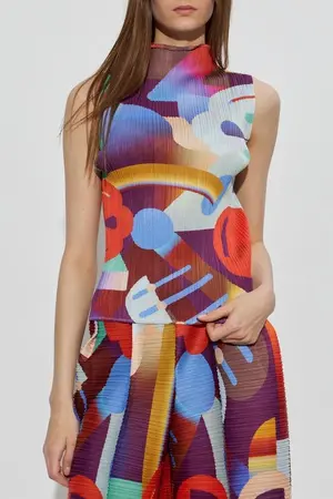 Issey Miyake Sleeveless Pleated Turtleneck Top With Multicolor Spots Print
