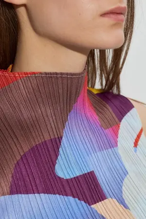 Issey Miyake Sleeveless Pleated Turtleneck Top With Multicolor Spots Print