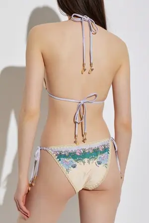 Zimmermann Two-piece Triangle Bikini With Floral Print And Golden Metal Bead Embellishments - Cream