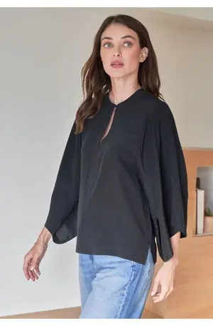 OCEAN+MAIN Silk Wide Sleeve Top - Black