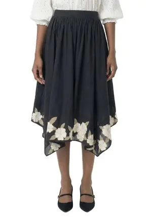 AREA STARS Black Floral-hem Midi Skirt