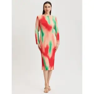 Misook Micro Pleated Print Crepe Midi Dress