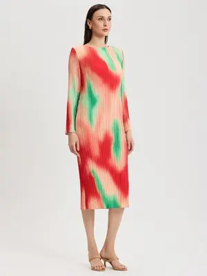 Misook Micro Pleated Print Crepe Midi Dress