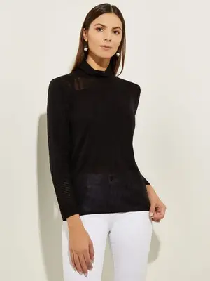 Misook Sheer Inset Turtleneck - Black