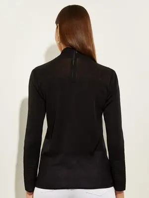 Misook Sheer Inset Turtleneck With Ribbed Accents