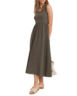 Mint Velvet Ruched Trim Cotton Midi Dress - Khaki