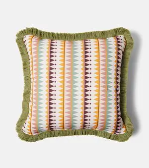 La DoubleJ Fringed Printed Canvas Cushion - Multicoloured