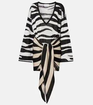 Attico Knitted Zebra-print V-neck Minidress - Black