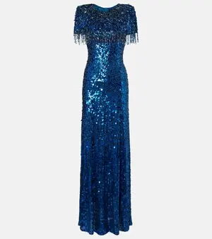 Jenny Packham Embellished Fringed Gown - Blue