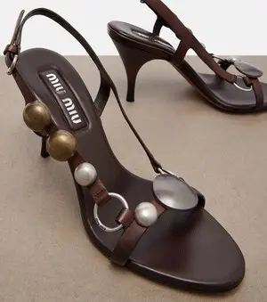 Miu Miu Embellished Leather Slingback Sandals - Brown