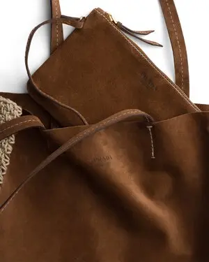 Prada Large Suede And Crochet Tote Bag - Brown