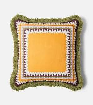 La DoubleJ Fringed Printed Canvas Cushion - Multicoloured