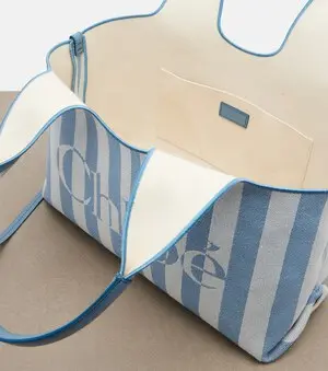 Chloé Large Striped Logo Canvas Tote Bag - Blue