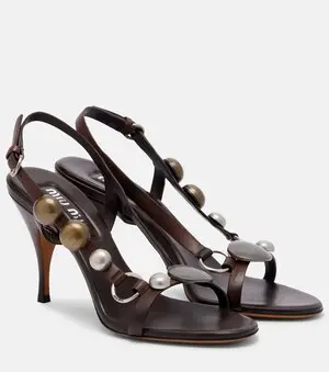 Miu Miu Embellished Leather Slingback Sandals - Brown