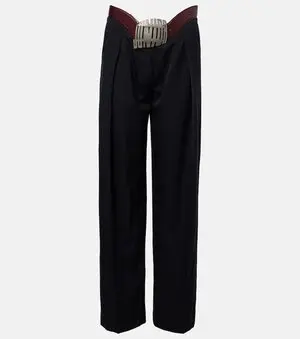 JEAN PAUL GAULTIER Leather-trimmed Wool Wide-leg Pants - Black