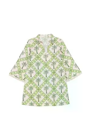 Verandah Mini Dress With Palm Print And Bell Sleeves