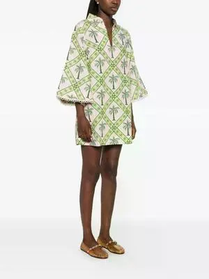 Verandah Mini Dress With Palm Print And Bell Sleeves