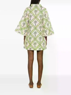 Verandah Mini Dress With Palm Print And Bell Sleeves