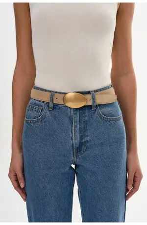 LAMARQUE Suede Leather Belt With Oval Shield Buckle - Stone