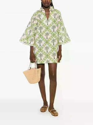 Verandah Palm-print Bell-sleeve Mini Dress - Pink