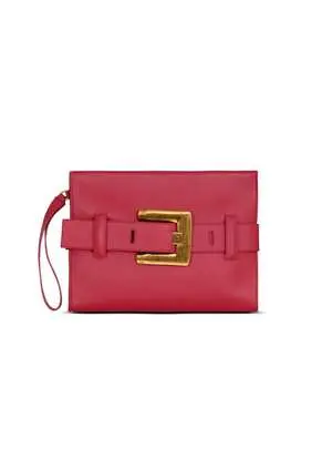 Balmain Anthem Smooth Leather Clutch With Gold Buckle - Red