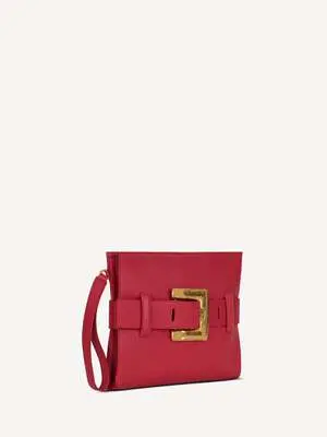 Balmain Anthem Smooth Leather Clutch With Gold Buckle - Red