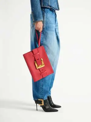 Balmain Anthem Smooth Leather Clutch With Gold Buckle - Red