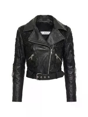 ALMAZ Embroidered Lace-panel Leather Jacket