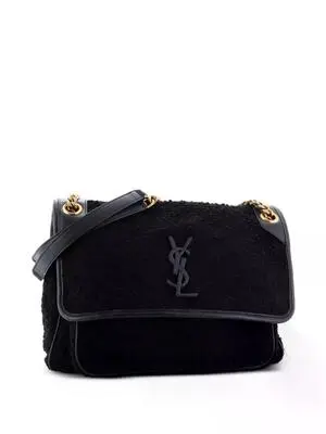 Saint Laurent Niki Chain Flap Bag Matelasse Chevron Tweed Medium Shoulder Bag - Black