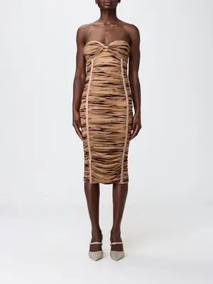Elisabetta Franchi Ruched Jersey Midi Dress With Animalier Pattern - Camel