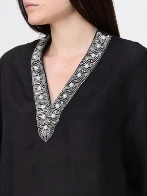 120% Lino Linen Blouse With V-neck Embellishment - Black