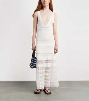 Sandro Pointelle Knit Maxi Dress With Plunging Neckline - Beige