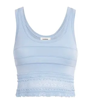Sandro Pointelle Lace Trim Cropped Tank Top - Blue