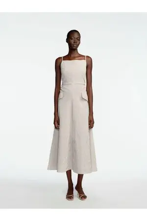 Lela Rose Striped Seersucker Tucked Midi Dress