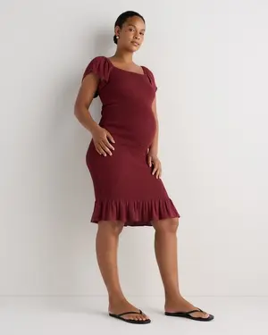 Quince Lightweight Crepe Smocked Flutter Sleeve Maternity Dress - Maroon